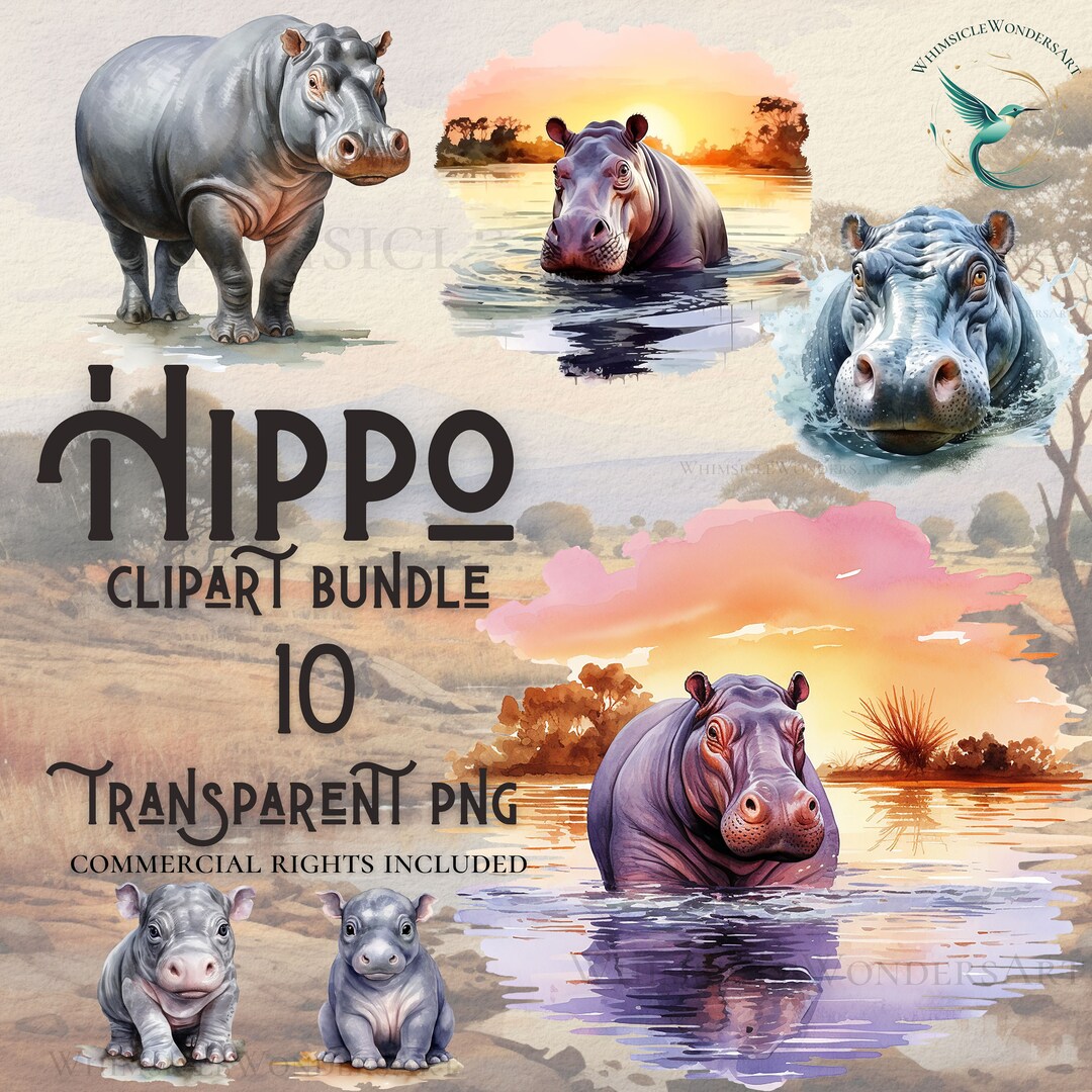 Watercolor Hippo Clipart Bundle 10 High Quality PNG Digital Download ...
