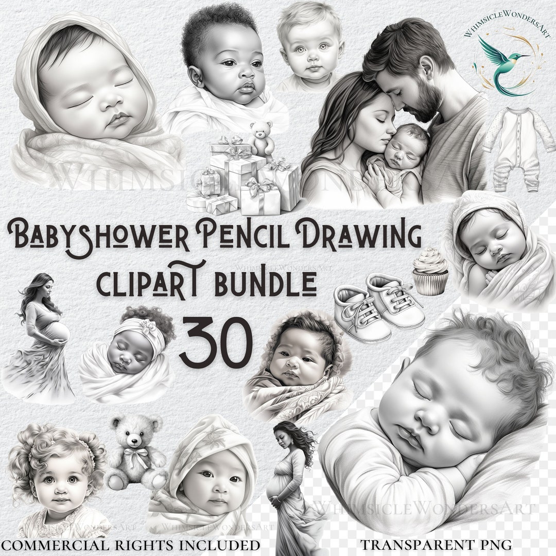 Baby Shower Pencil Drawing Clipart Bundle (PNG, Commercial Use) - Etsy