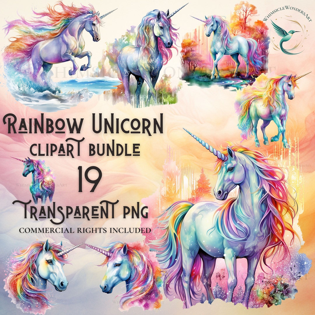 Watercolor Rainbow Unicorn Clipart Bundle, PNG Graphics (digital ...