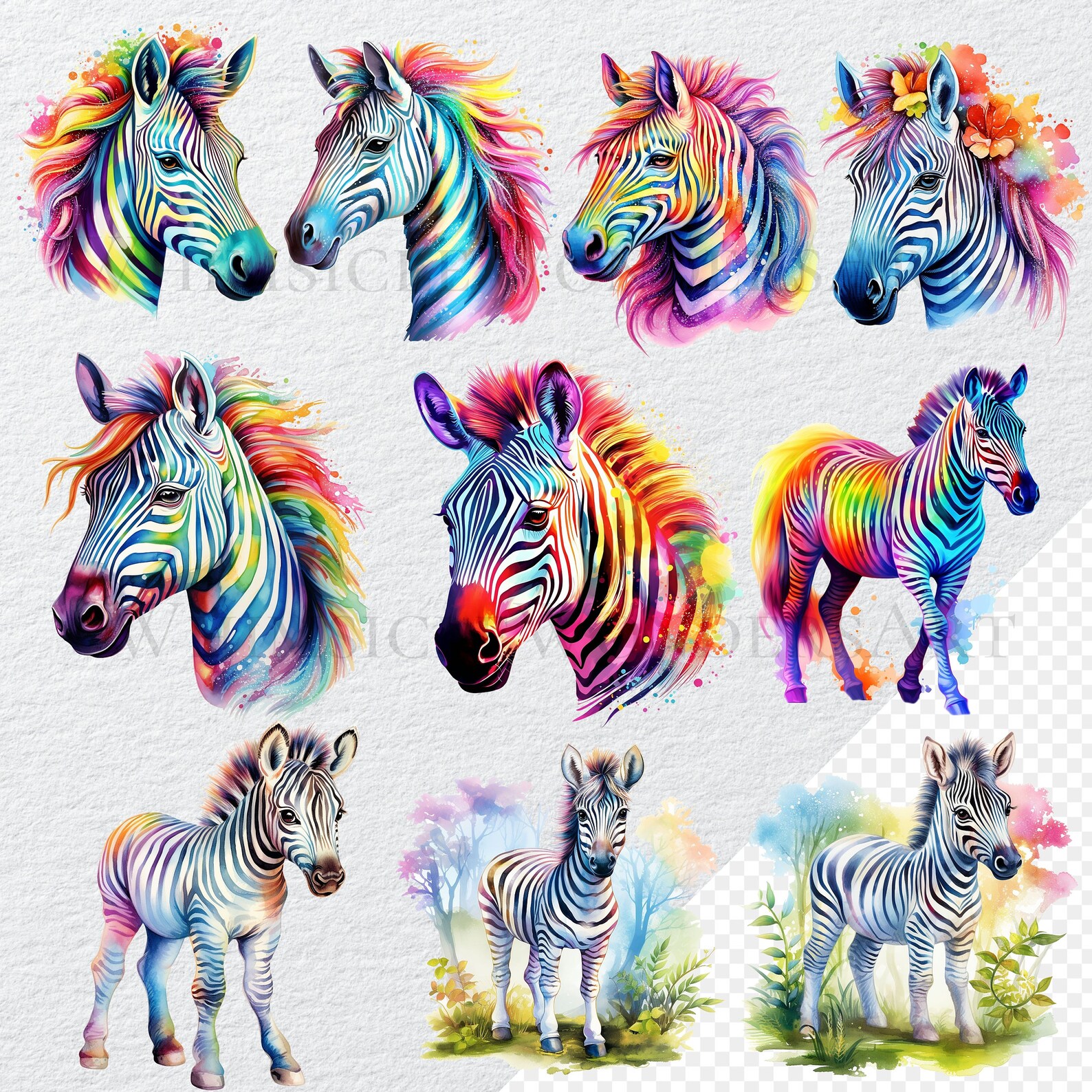 Watercolor Rainbow Zebra Clipart Bundle High Quality PNG - Etsy