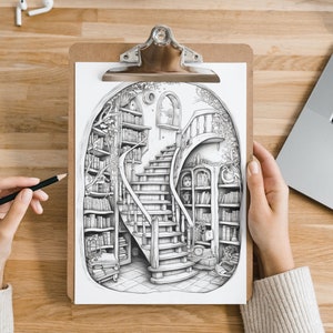 Magic Bookshelf Coloring Book Adults Kids Instant Download Grayscale ...