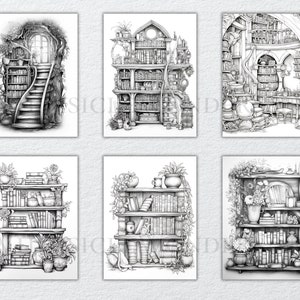 Magic Bookshelf Coloring Book Adults Kids Instant Download Grayscale ...