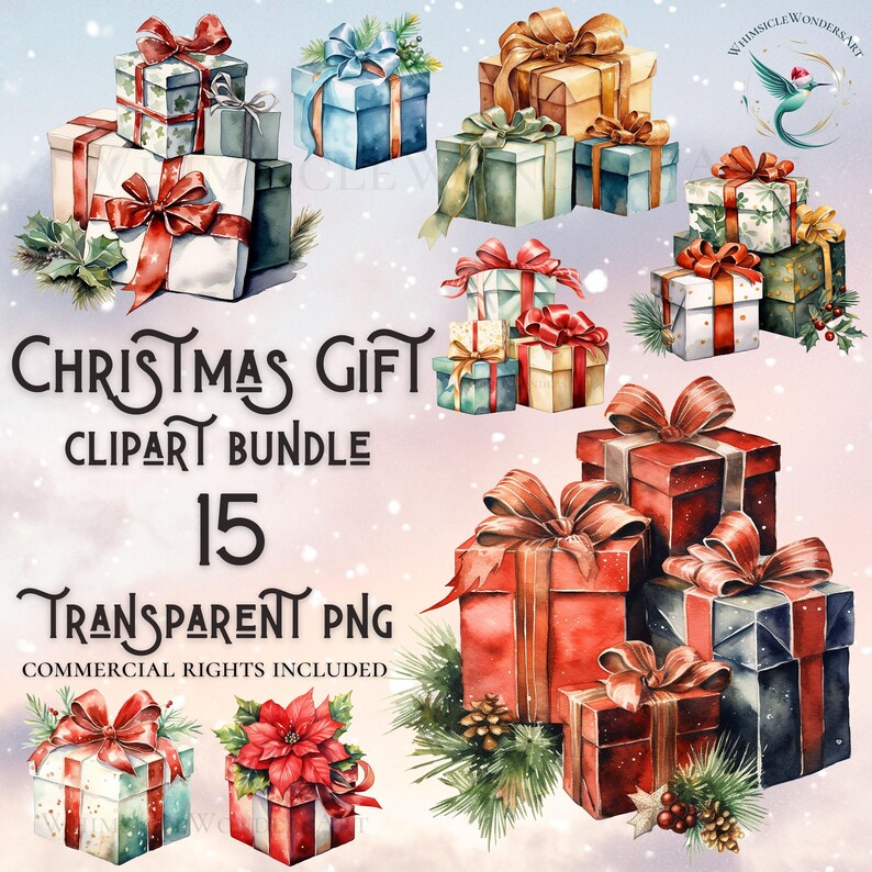 Watercolor Christmas Presents Clipart Bundle, Commercial Use (PNG ...