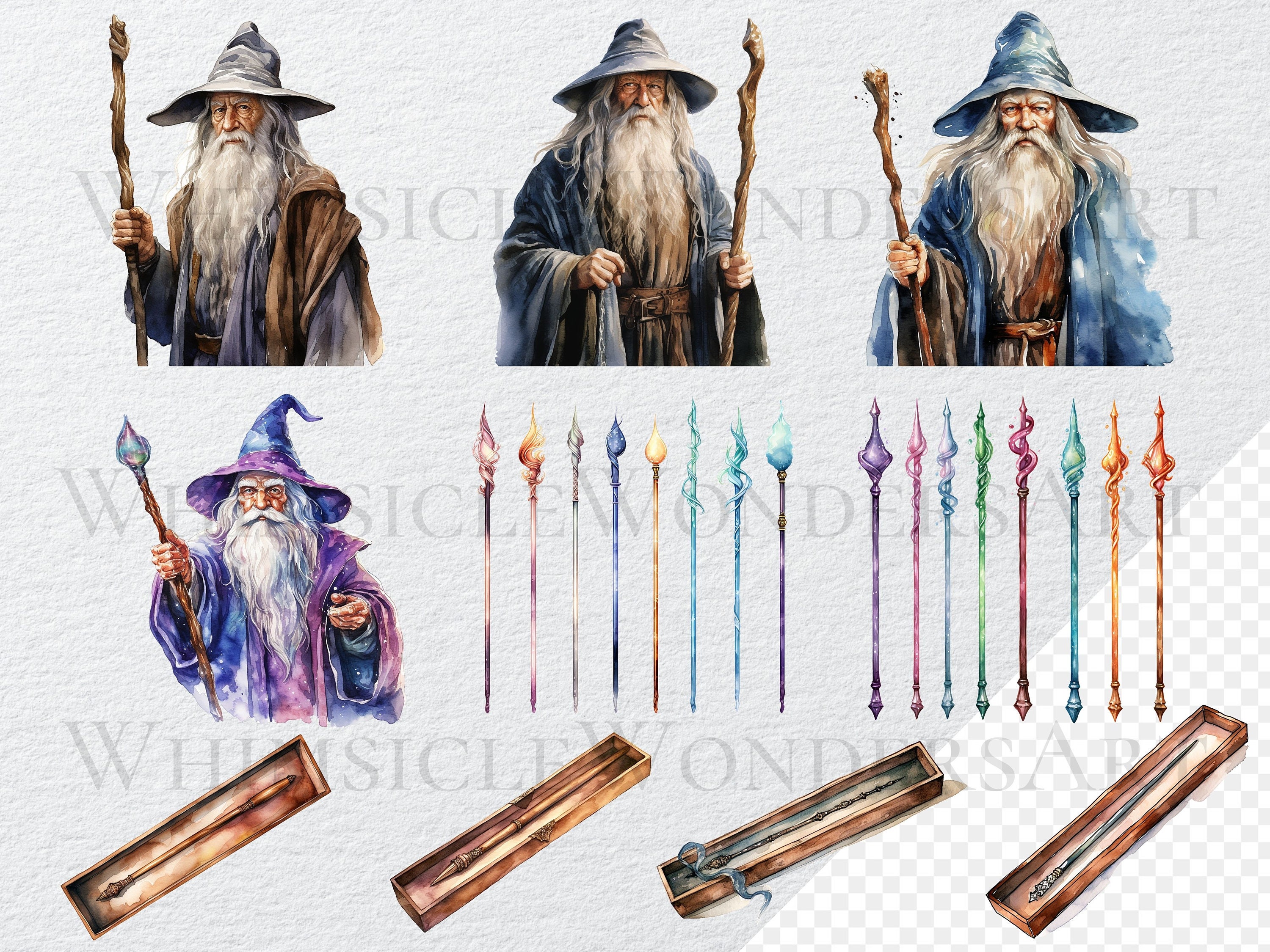 Watercolor Wizard Wand Clipart Bundle, Transparent PNG (digital ...