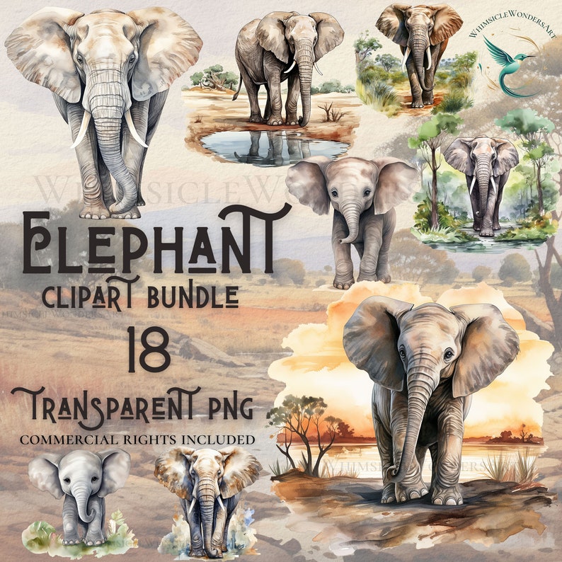 Watercolor Elephant Clipart Bundle, Commercial Use (PNG Digital ...