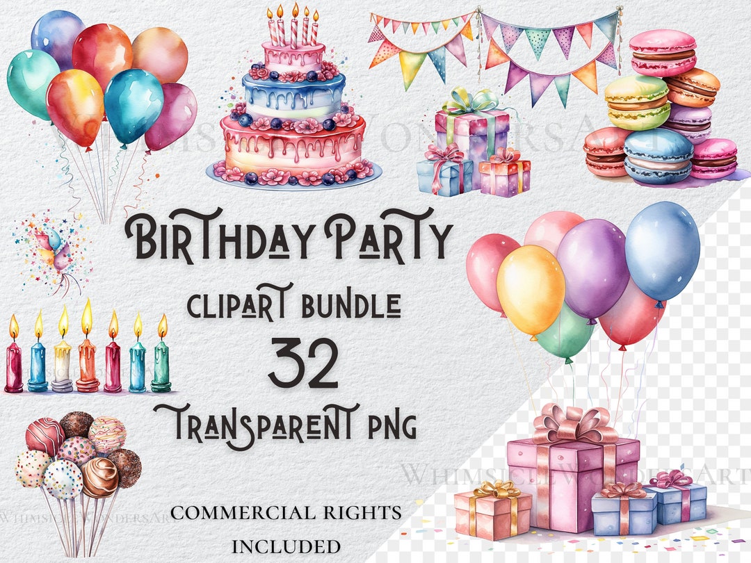Watercolor Birthday Party Clipart Bundle High Quality PNG Digital ...