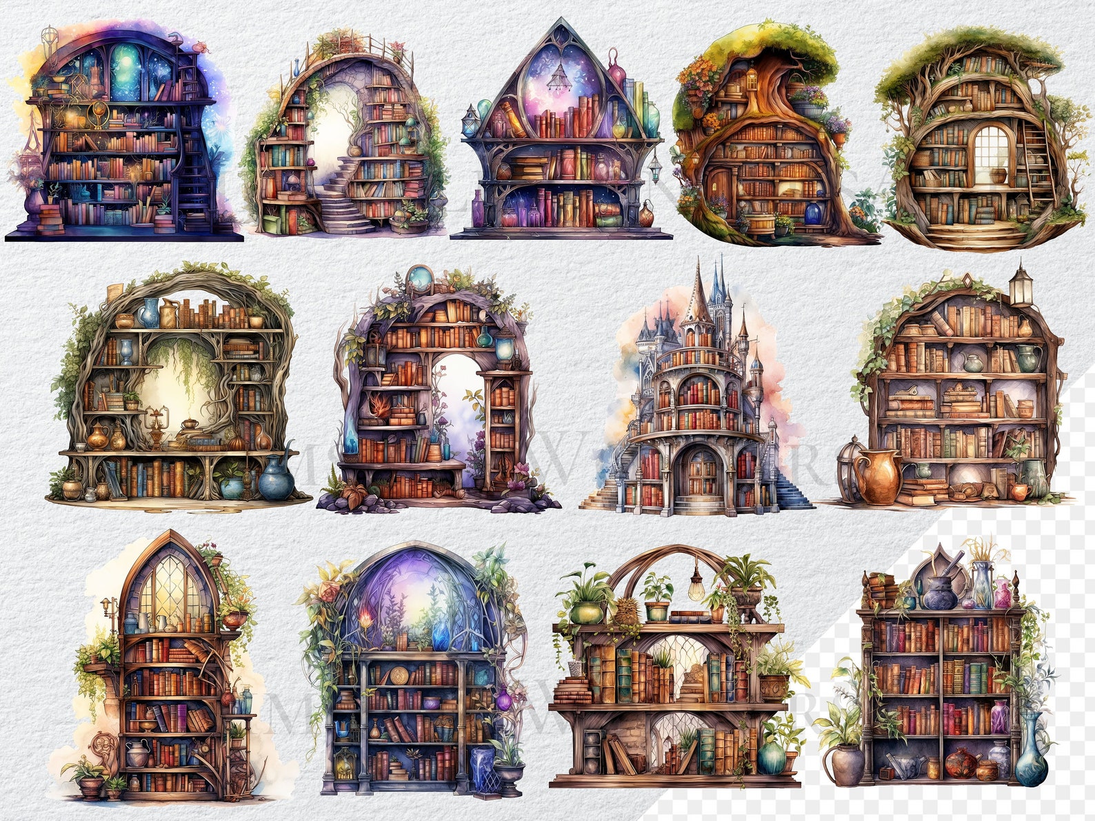 Watercolor Fantasy Bookshelf Clipart Bundle High Quality PNG Digital ...