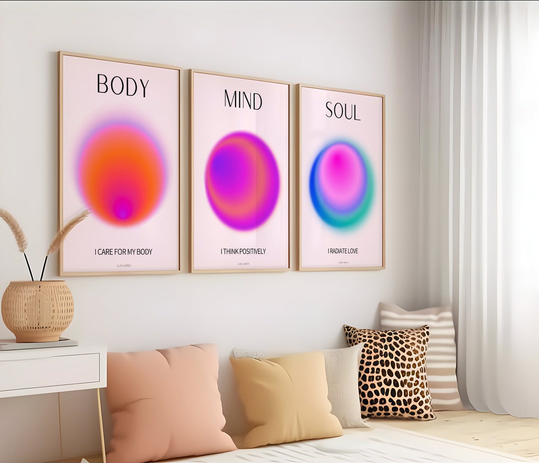 Mind Body Soul Poster Set of 3 | Y2K Dorm Decor, Vibrant Gradient Aura ...
