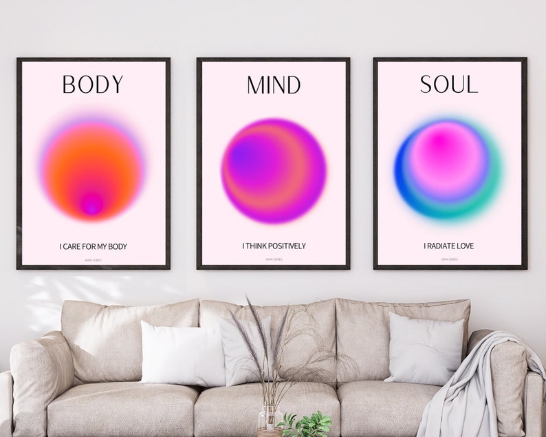 Mind Body Soul Poster Set of 3 | Y2K Dorm Decor, Vibrant Gradient Aura ...