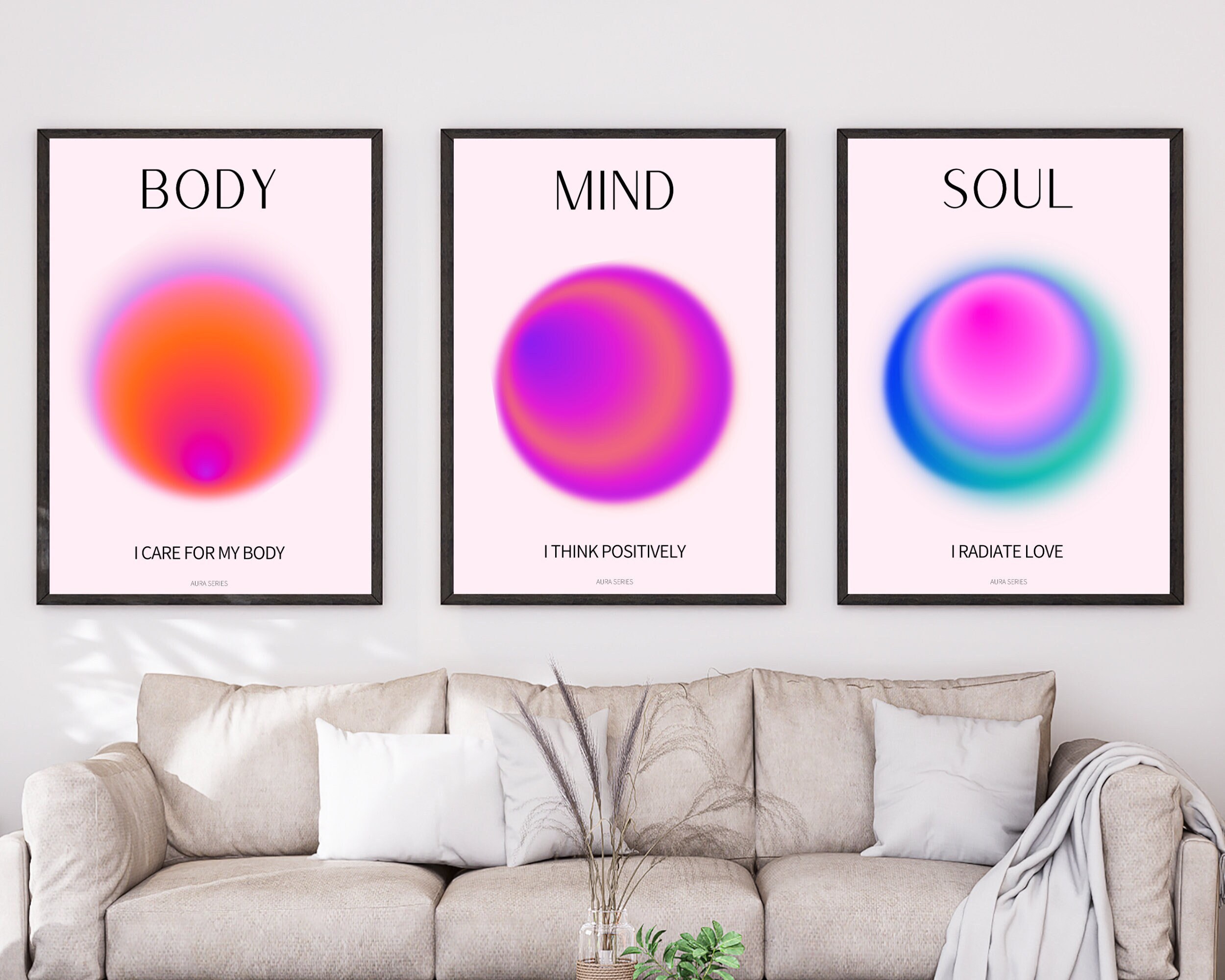 Mind Body Soul Poster Set of 3 | Y2K Dorm Decor, Vibrant Gradient Aura ...