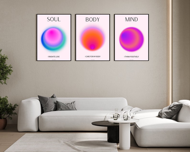 Mind Body Soul Poster Set of 3 | Y2K Dorm Decor, Vibrant Gradient Aura ...