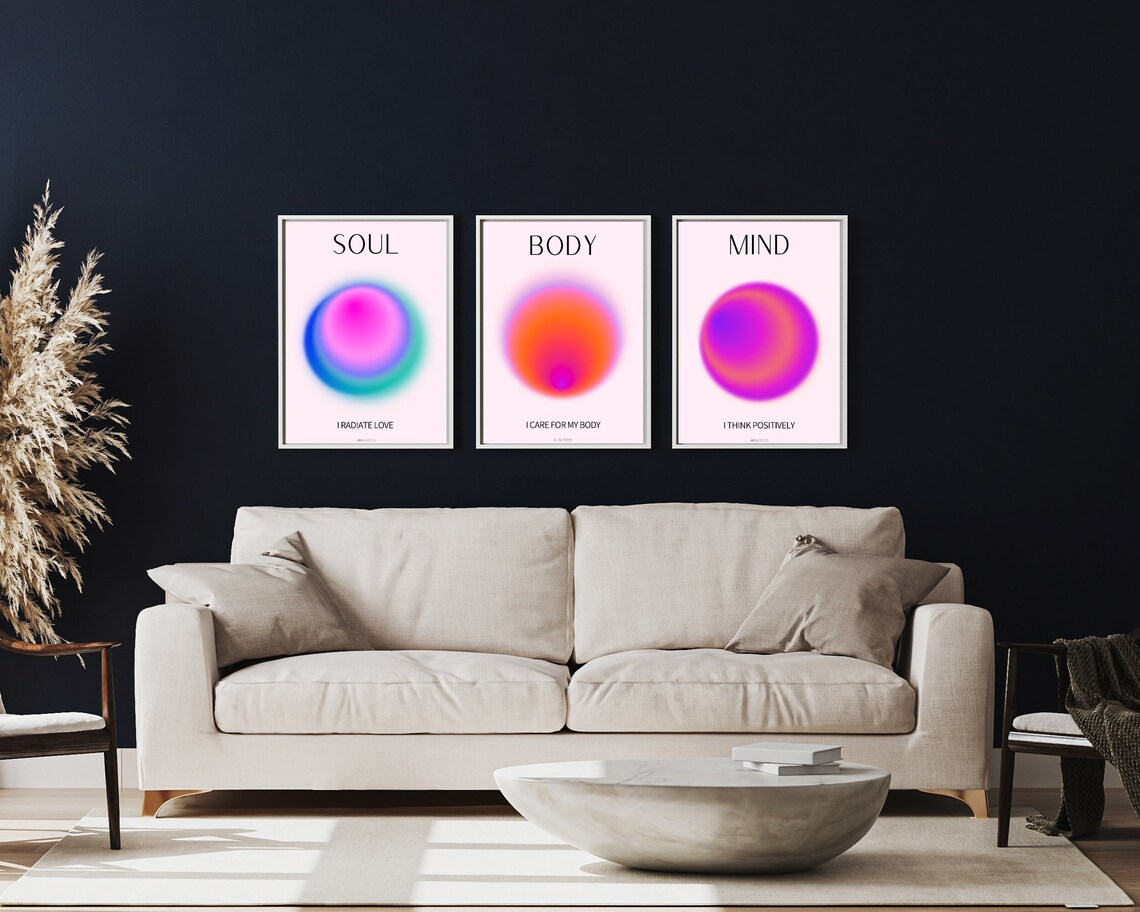 Mind Body Soul Poster Set of 3 | Y2K Dorm Decor, Vibrant Gradient Aura ...