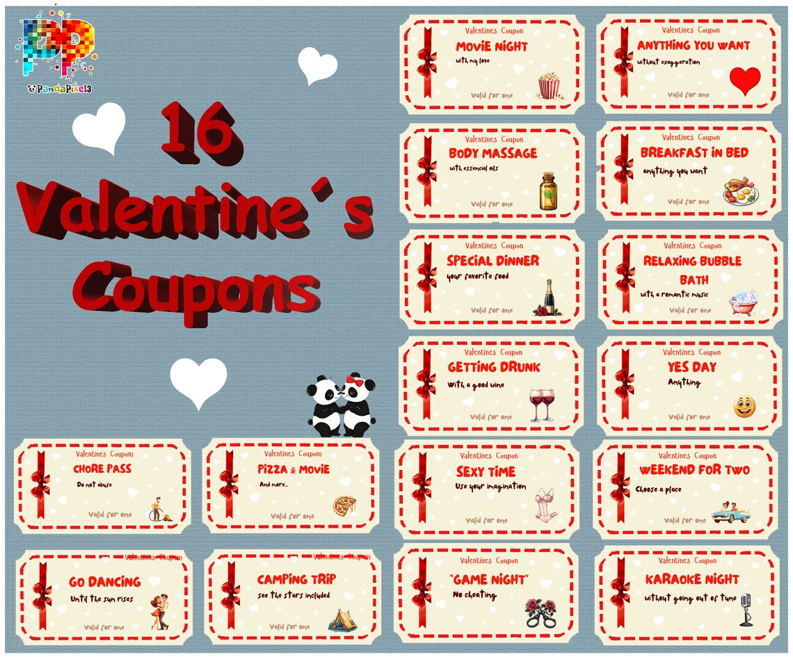 16 Love Coupons Printable, Valentines Day Coupons, Gift for Him and Her ...