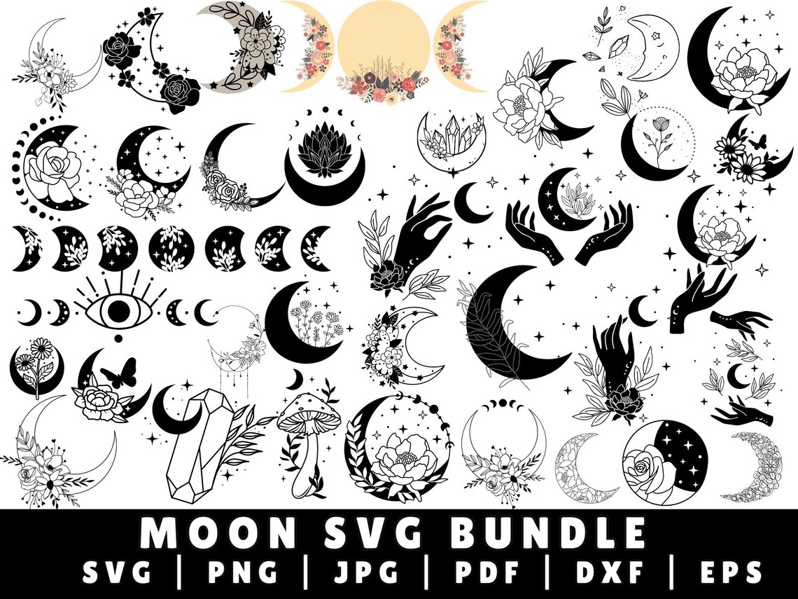 Moon SVG Bundle, Floral Moon Svg, Mystic Celestial Svg, Moon and Stars ...