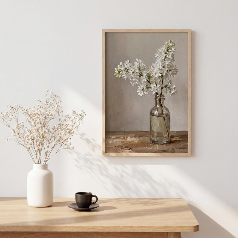 White Lilac Oil Painting, Neutral Floral Wall Decor, Spring Blossom ...