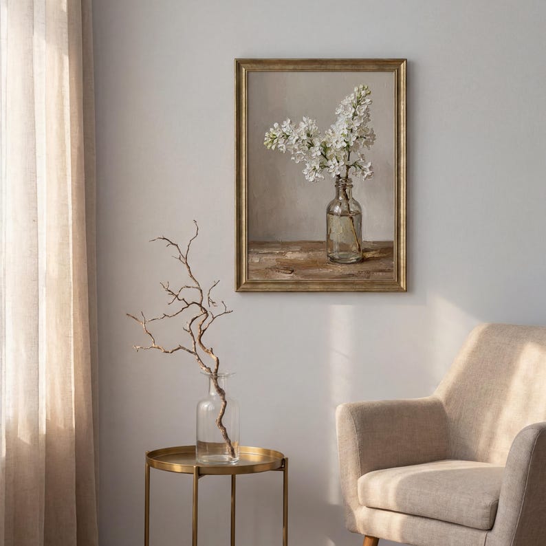 White Lilac Oil Painting, Neutral Floral Wall Decor, Spring Blossom ...