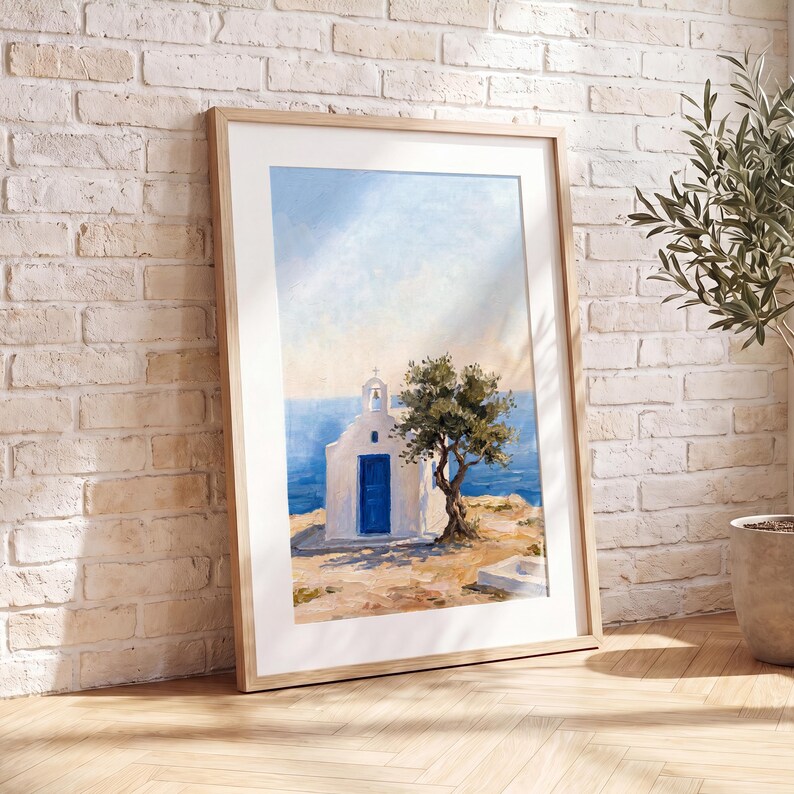 Pintura a óleo da Capela de Santorini à beira-mar, impressão artística ...
