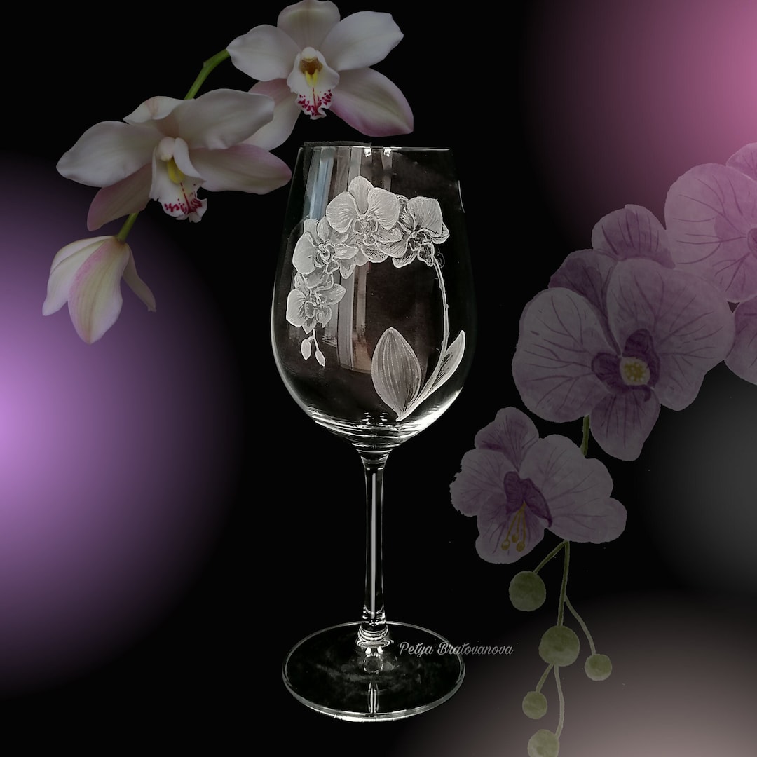 Hand Engraved Orchid Flowers Wine Glass Botanical Glass Art ...