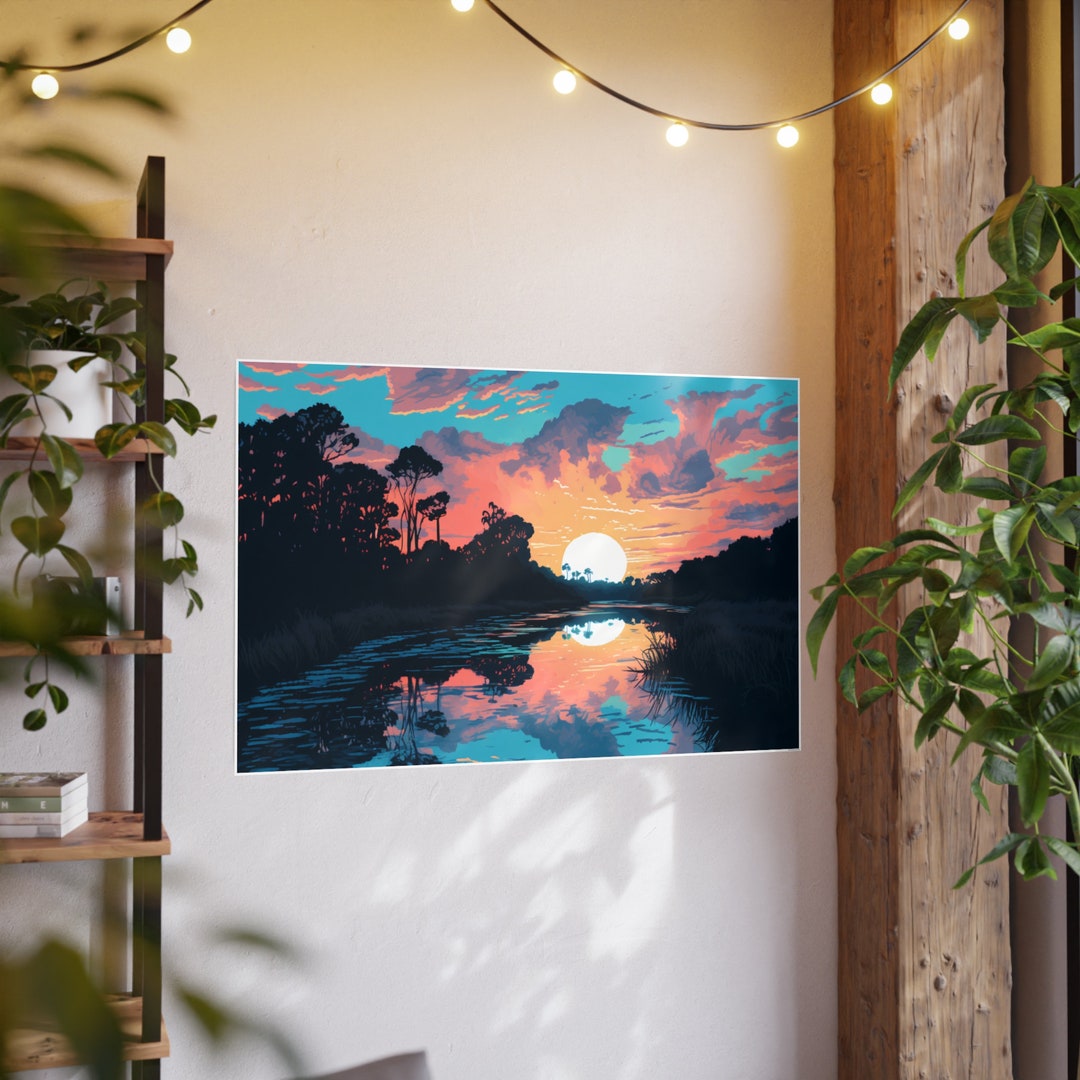 Bayou Sunset Poster, River View, Setting Sun, Silhouette, Digital Wall ...