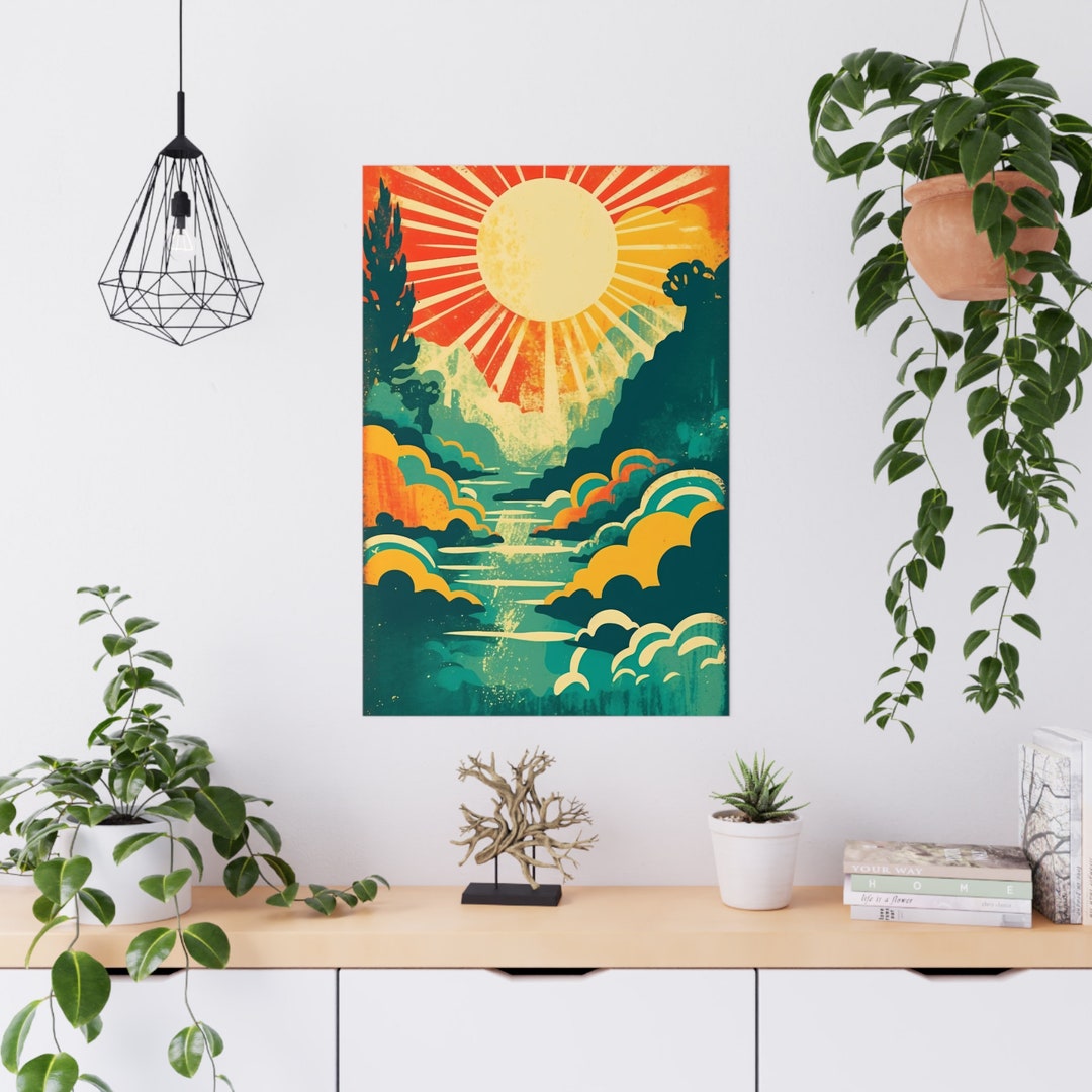 Optimism Arrives Poster, Digital Wall Art, Sun Behind Clouds, Risograph ...