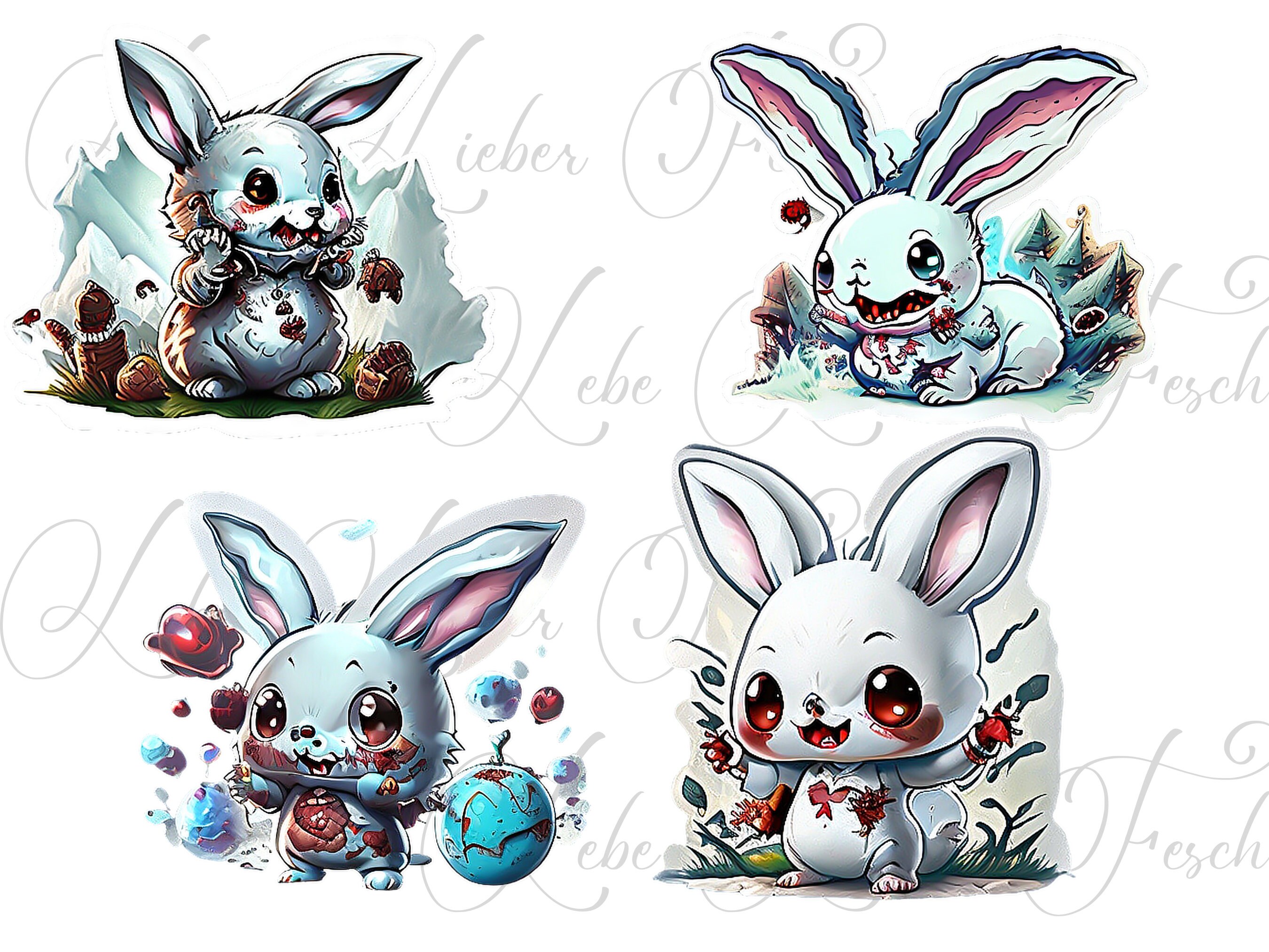 Digital Zombie Bunnies Halloween PNG Bundle Clipart Sticker Set Horror ...