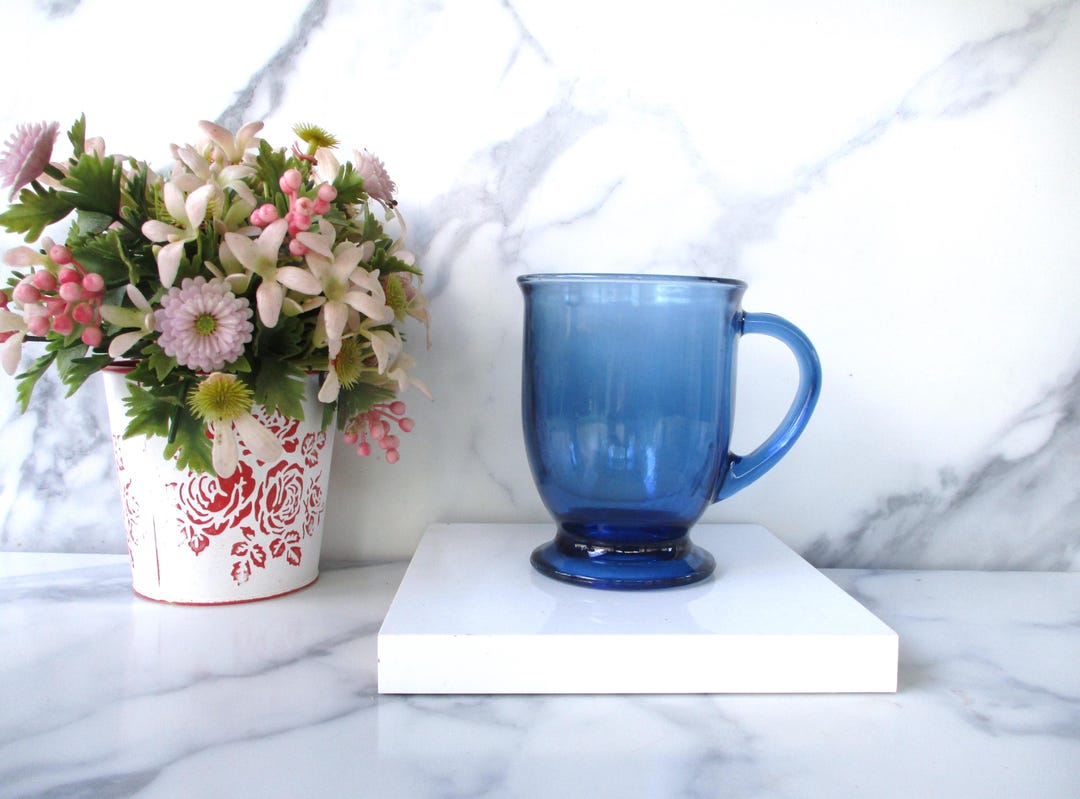 Vintage Blue Glass Mug,anchor Hocking Mug,14 Oz Glass Mug,morning ...
