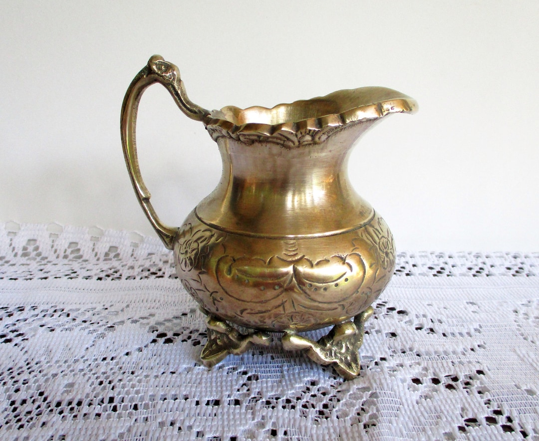 Vintage Solid Brass Small Footed Pitcher,embossed Flower Art Cast Brass ...