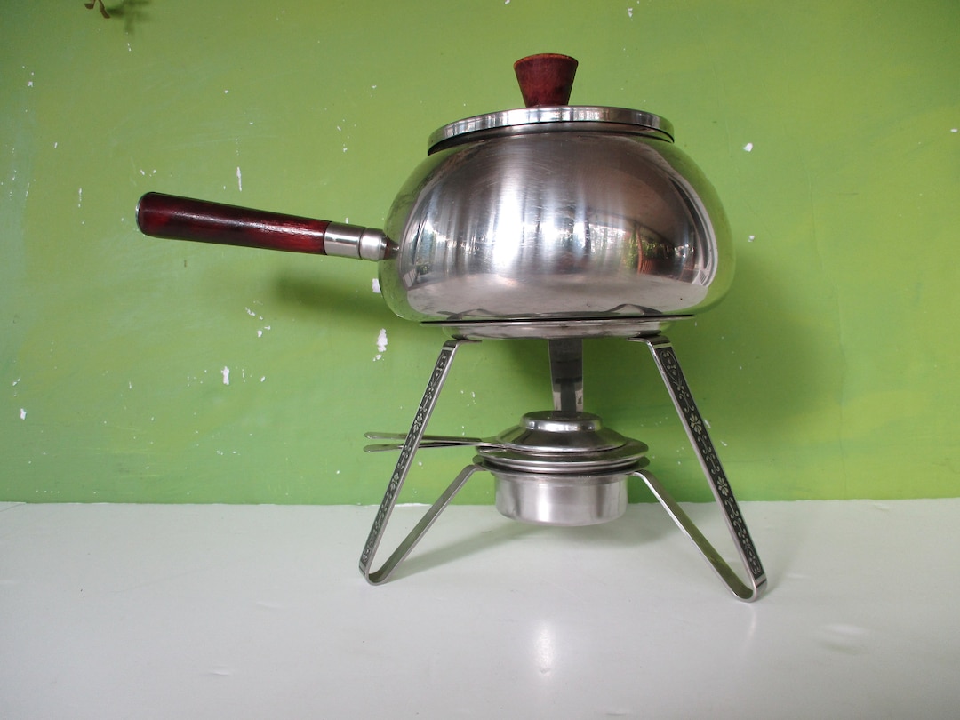 Vintage Stainless Steel Fondue Complete Set-pot,stand,burner, 8 Forks ...
