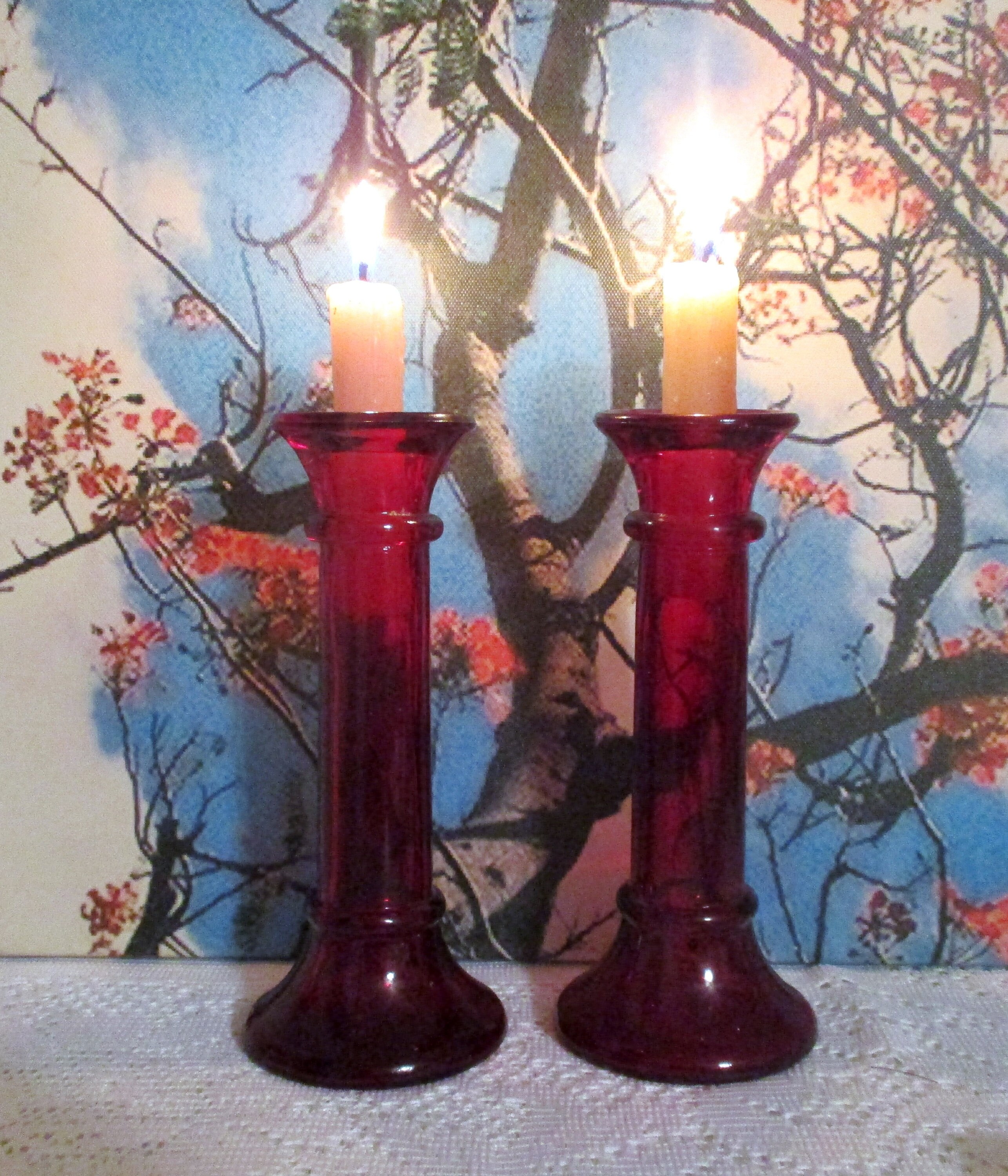 Vintage Set of 2 Red Glass Candlesticks,taper Candle Holder or Vases ...