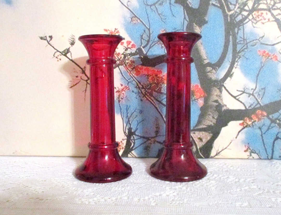 Vintage Set of 2 Red Glass Candlesticks,taper Candle Holder or Vases ...