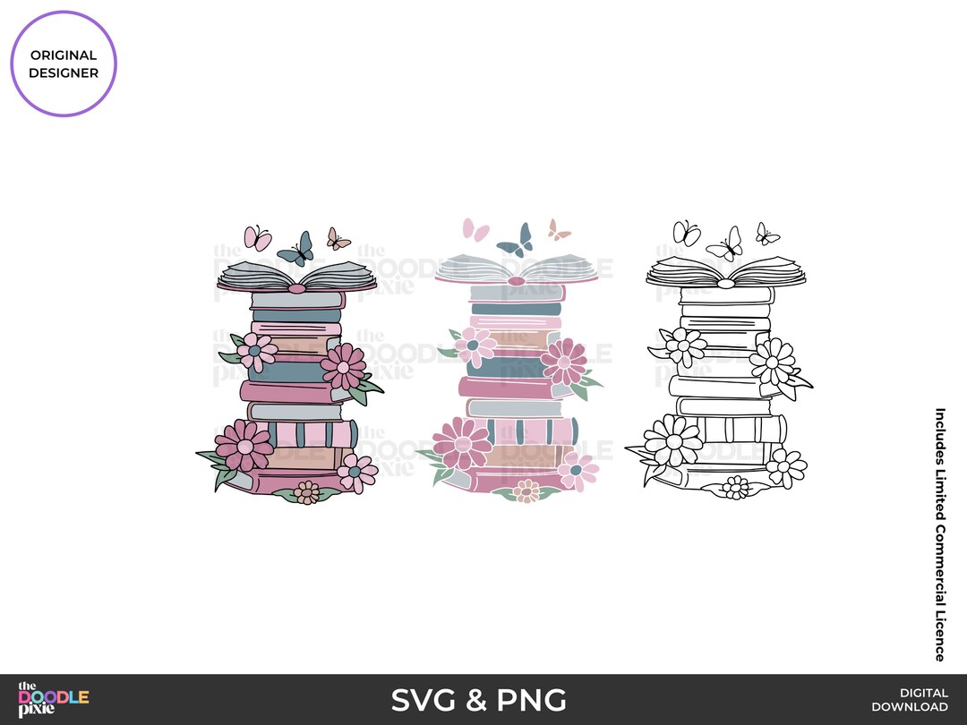 Book Lovers SVG, Tall Stack Book Flowers Svg, Floral Book, Book ...