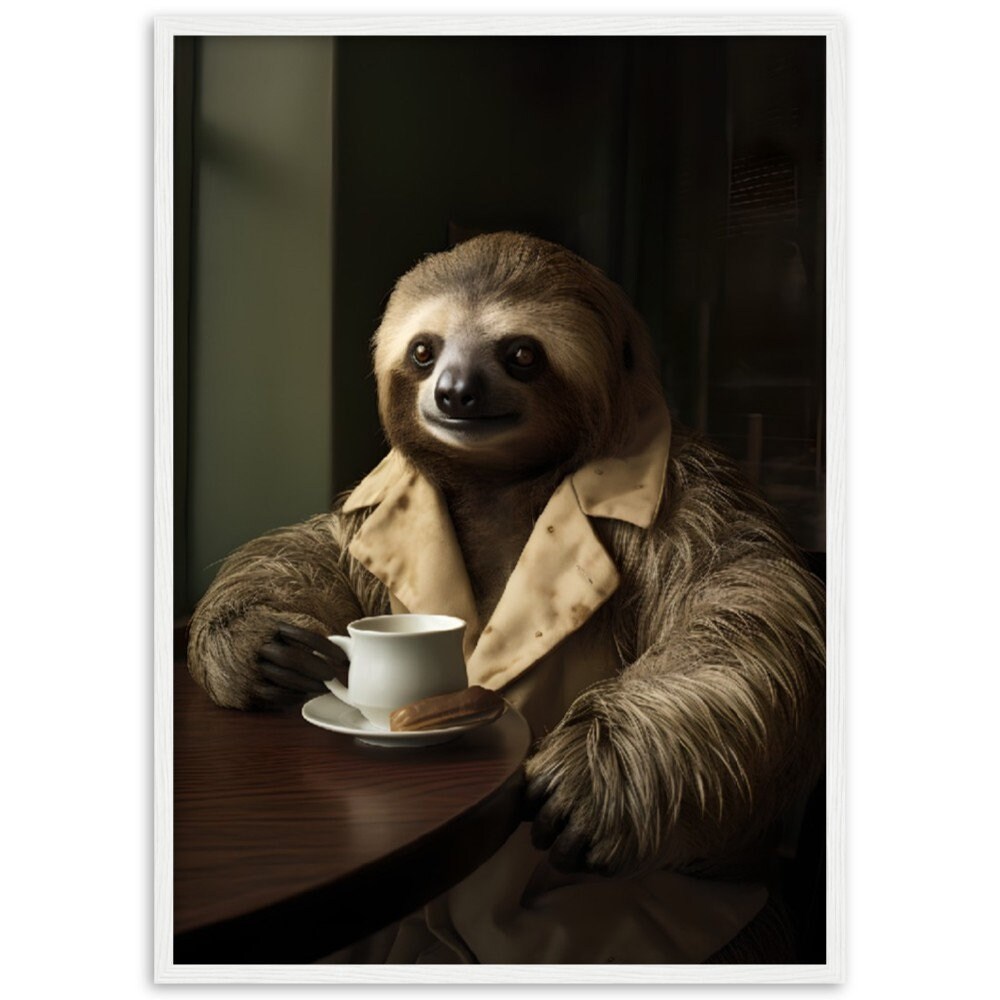 Sloth With Coffee Classic Poster Made of Semi-matte Paper With a Wooden ...