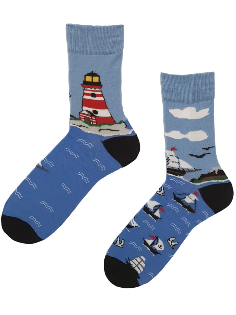 Mismatched Nautical Socks: Lighthouse & Sailing Ship Cotton Blend - Etsy