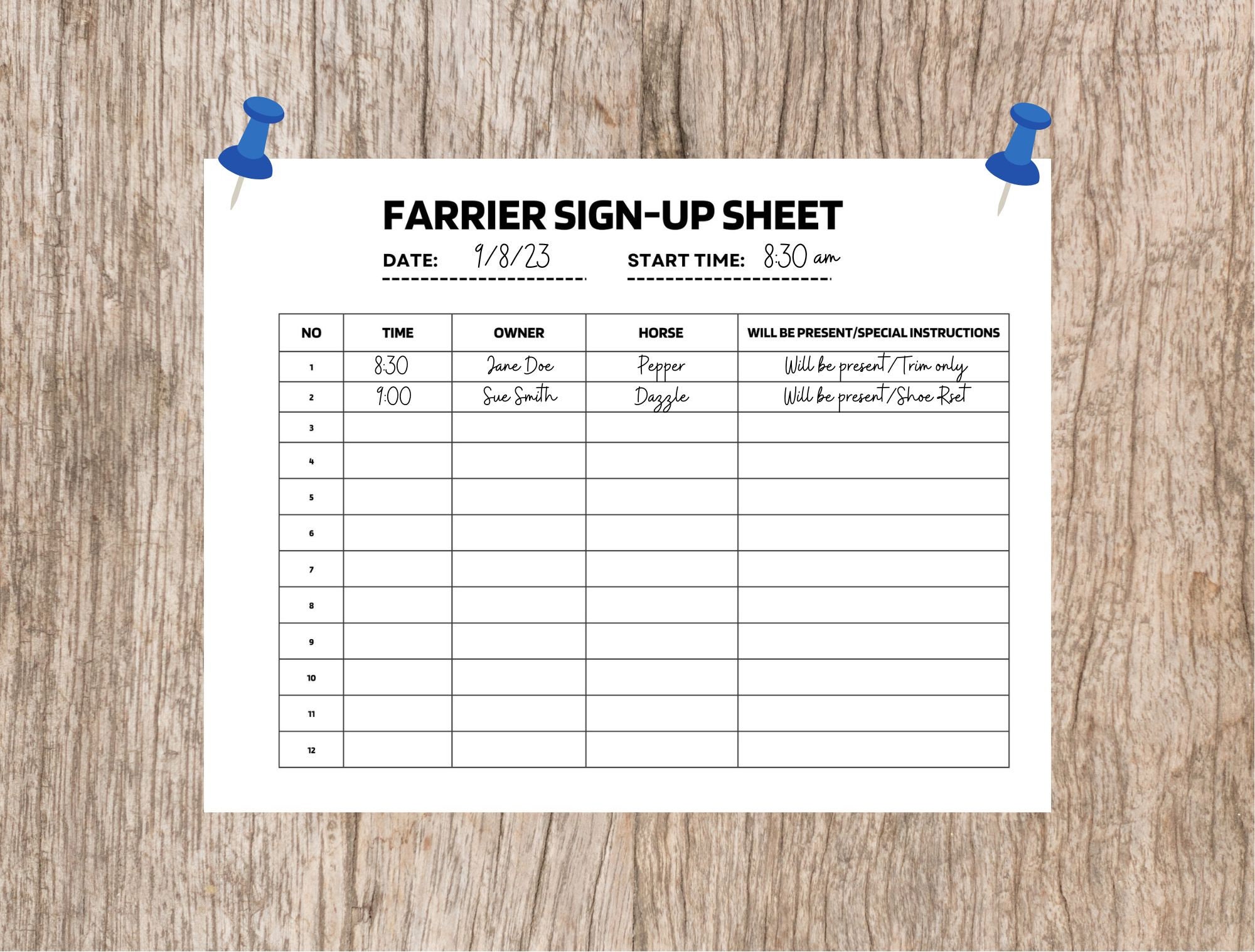 Farrier Sign up Sheet - Etsy