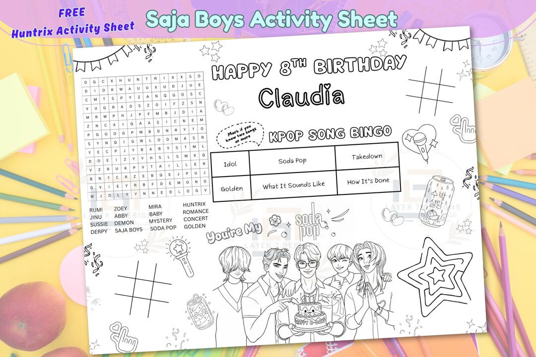 Saja Boys Kpop Activity Placemat & Coloring Page|kpop Demon Hunters ...