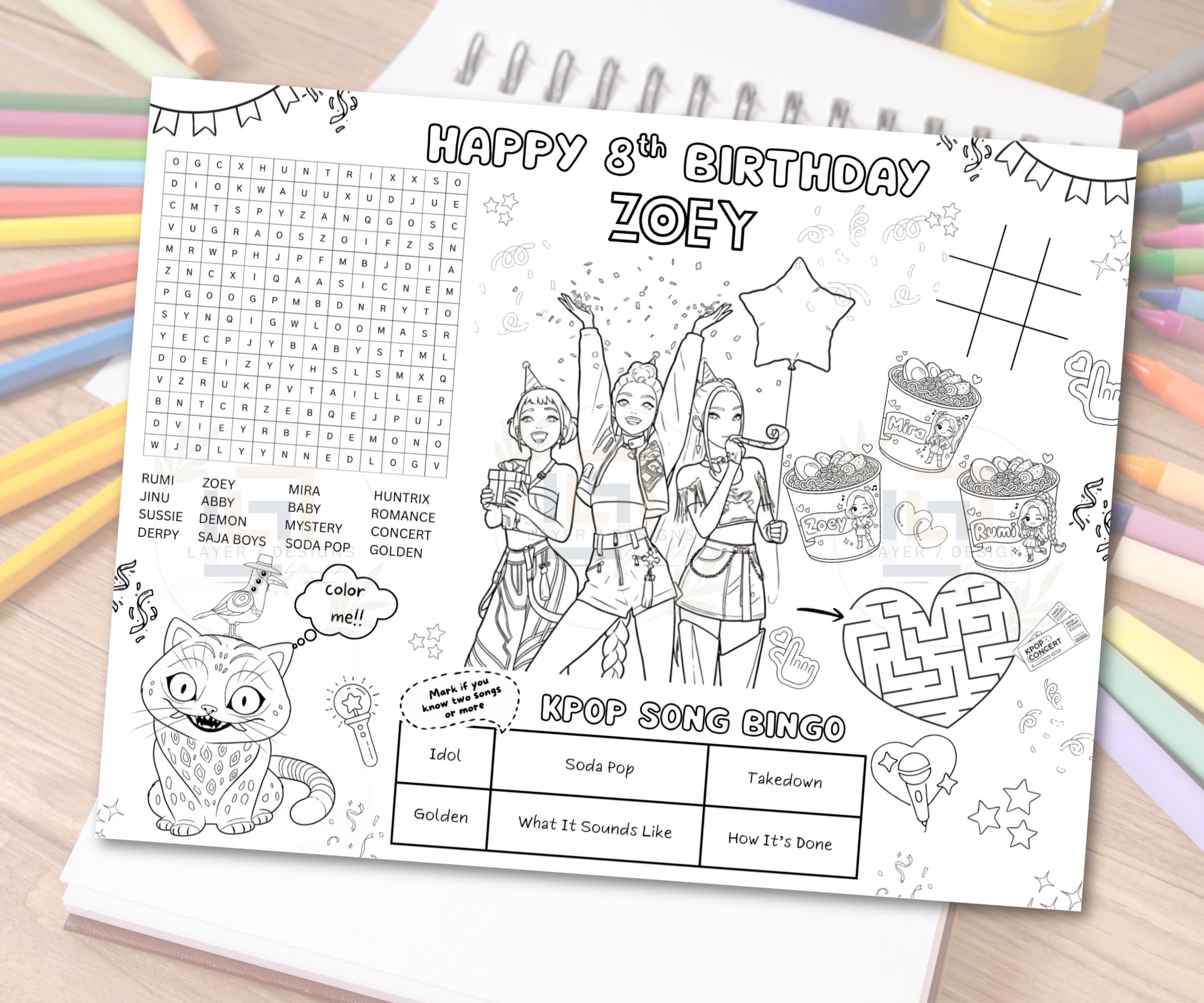 Kpop Birthday Activity Sheet | Demon Hunter Party Placemat | Huntrix ...