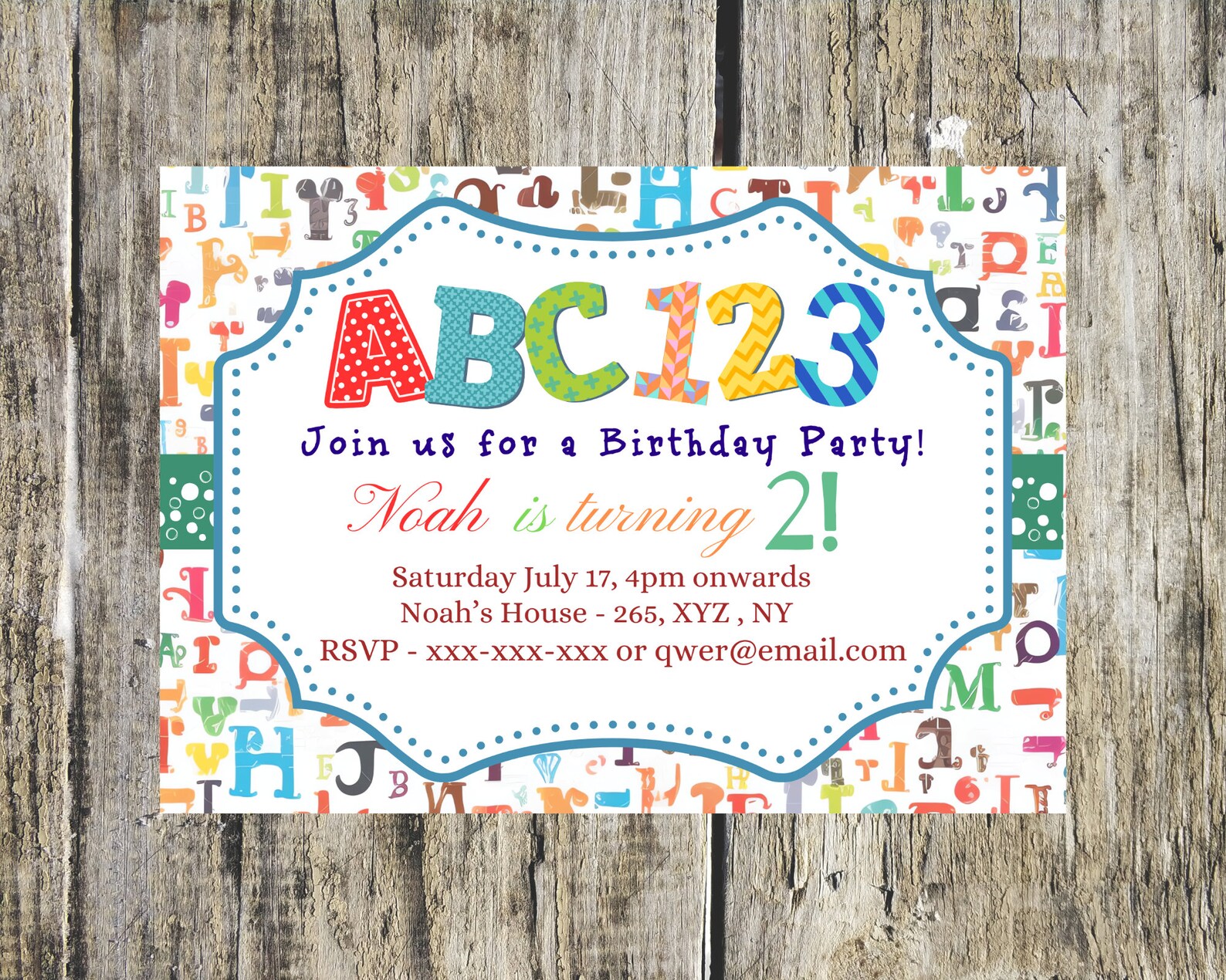 ABC Alphabet Birthday Invitation Personalized Made to Order Kids Party ...