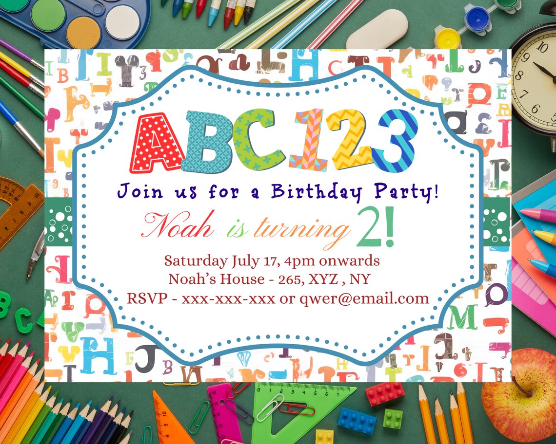 ABC Alphabet Birthday Invitation Personalized Made to Order Kids Party ...