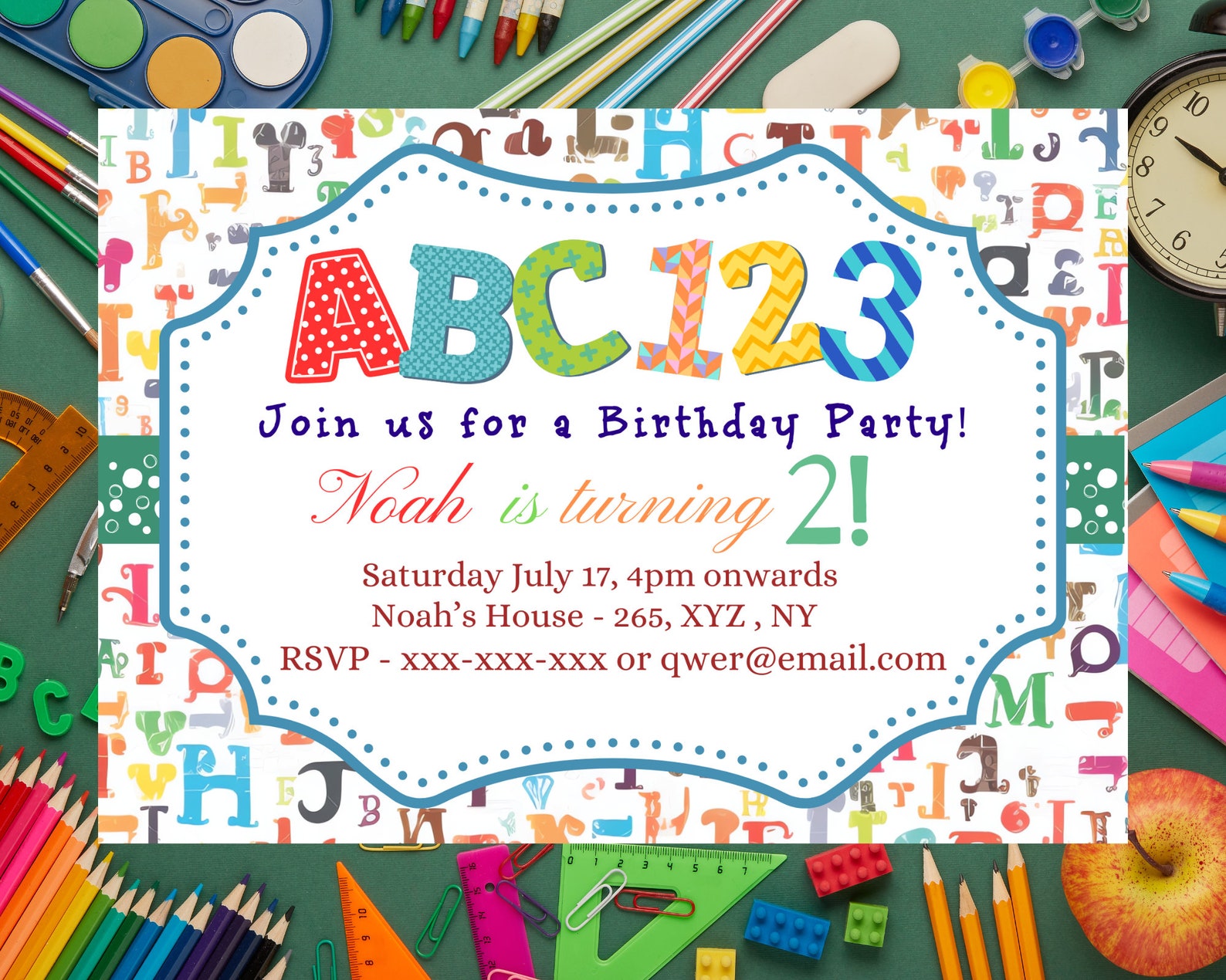 ABC Alphabet Birthday Invitation Personalized Made to Order Kids Party ...