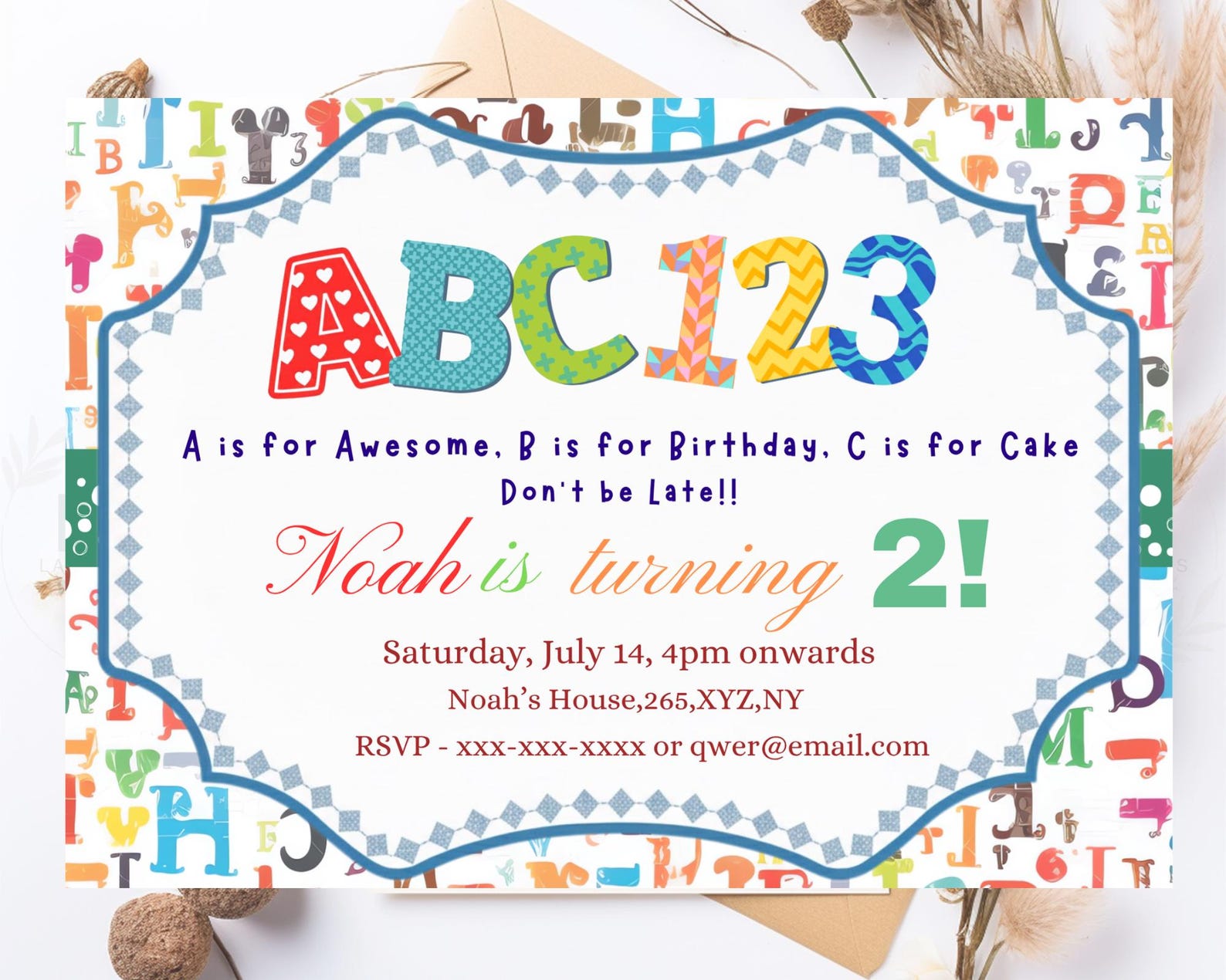 ABC Alphabet Birthday Invitation - Personalized | Instant Download ...