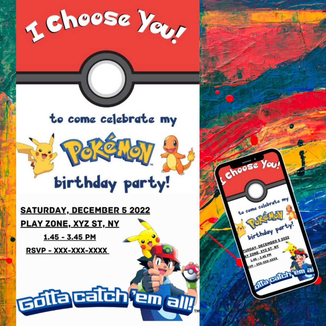 Pikachu Pokemon Birthday Invitation Canva Editable Template Kids Party ...