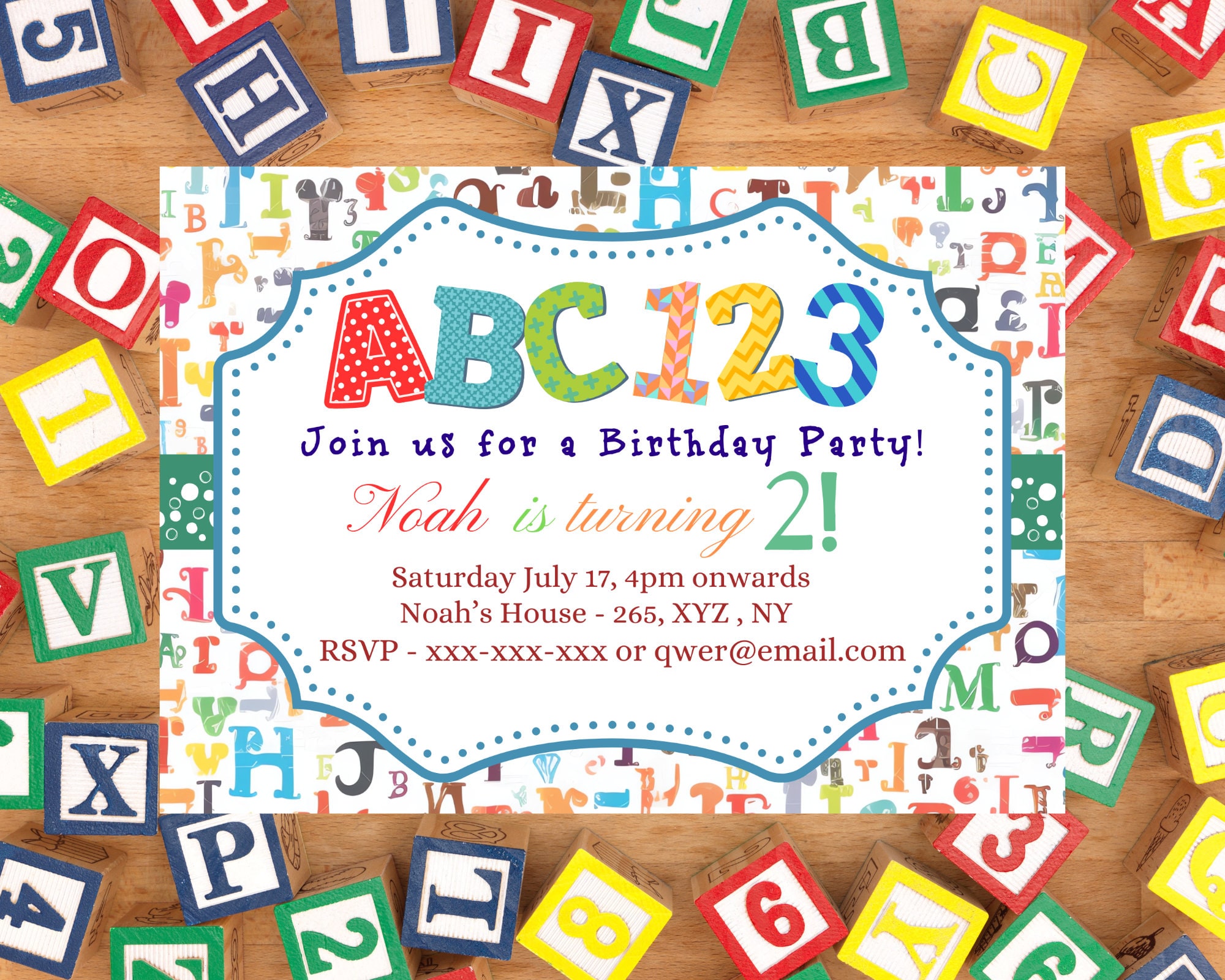 ABC Alphabet Birthday Invitation Personalized Made to Order Kids Party ...