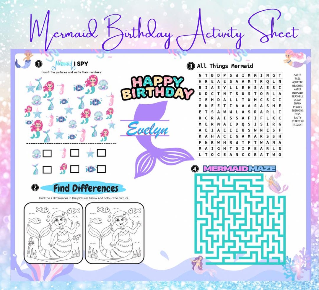 Editable Mermaid-themed Birthday Activity Sheet,under the Sea Party ...