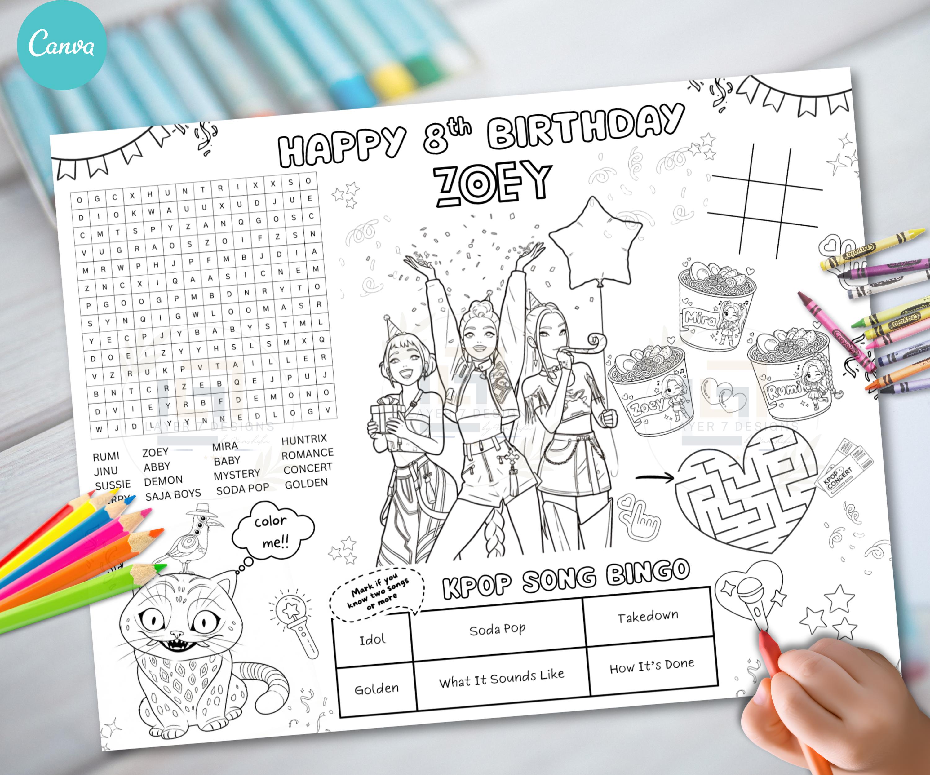 Kpop Birthday Activity Sheet | Demon Hunter Party Placemat | Huntrix ...