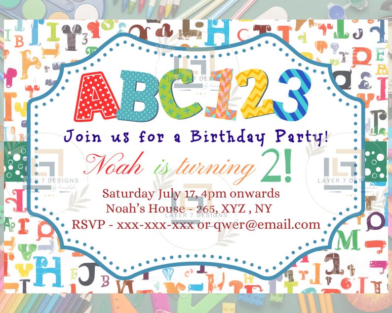 ABC Alphabet Birthday Invitation - Personalized | Made to Order | Kids ...