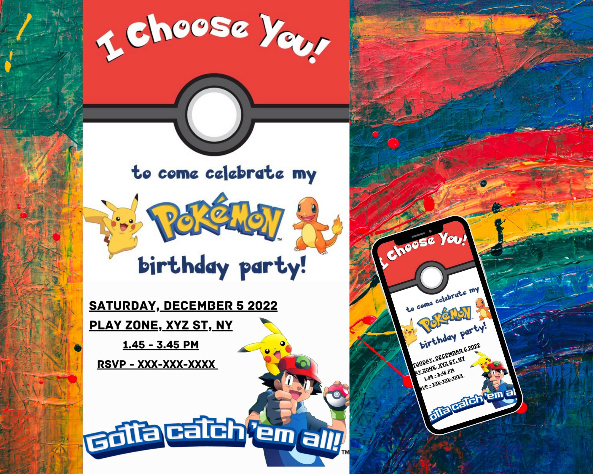 Pikachu Pokemon Birthday Invitation Canva Editable Template Kids Party ...