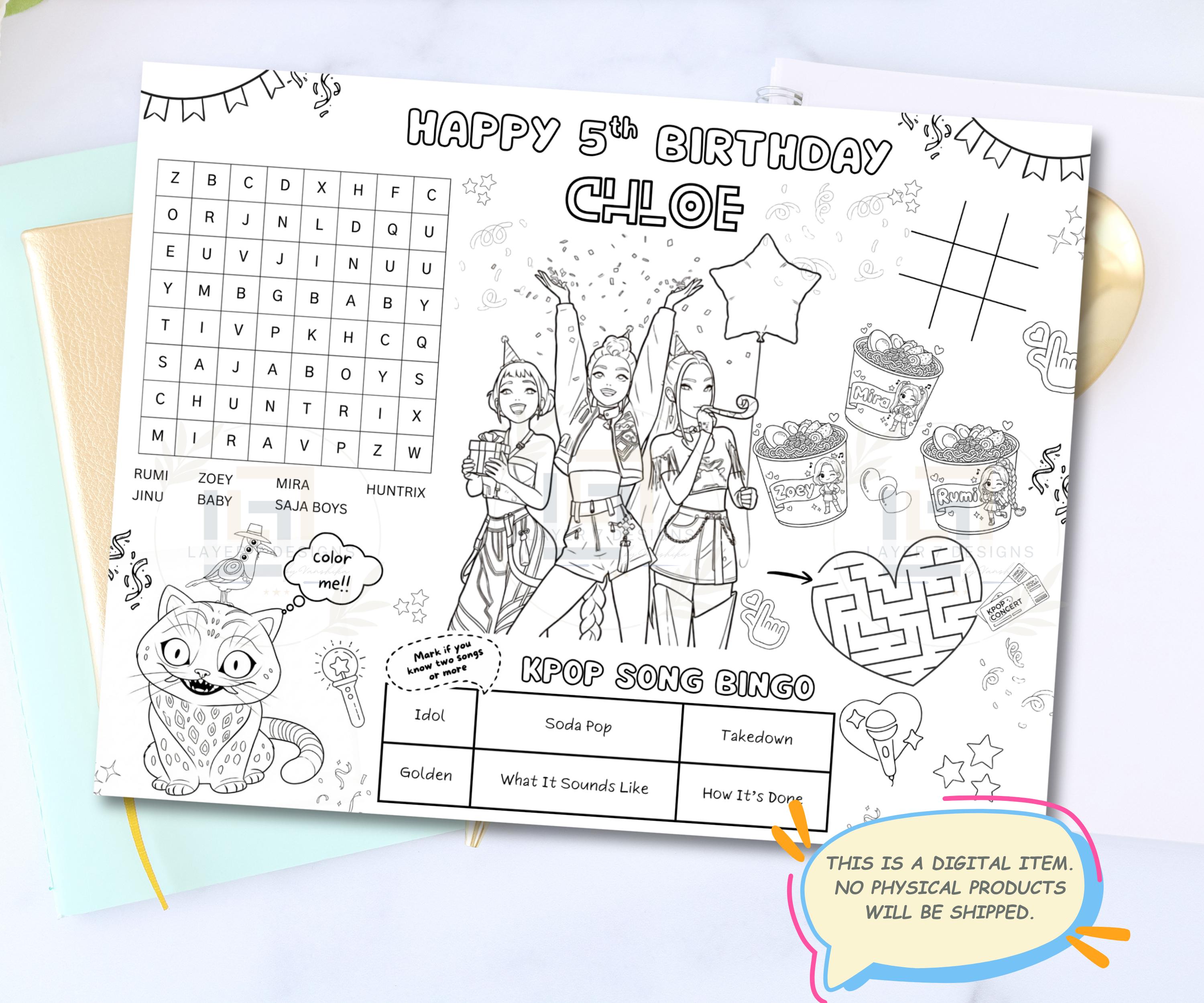 Kpop Birthday Activity Sheet | Demon Hunter Party Placemat | Huntrix ...