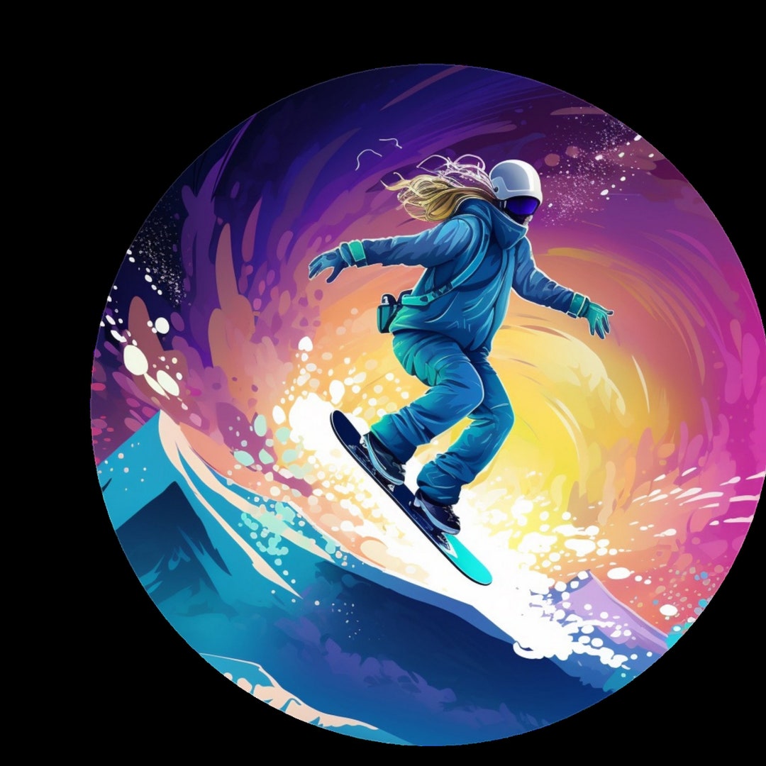 Sticker Female Snowboarder Riding Under Rainbow Sky Snowboarding White ...