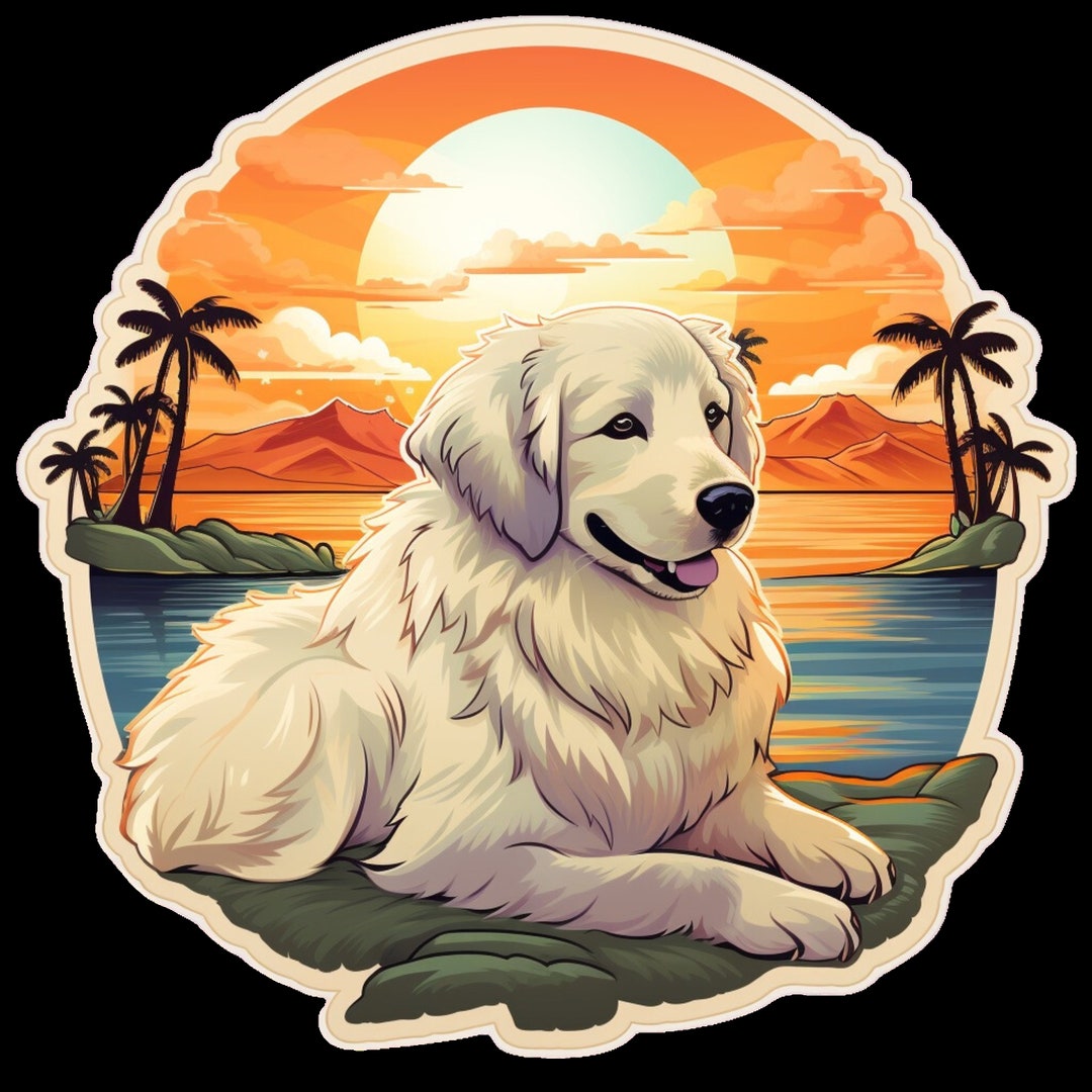 Vinyl Sticker Decal Great Pyrenees Dog Lounging on an Ocean Beach W ...