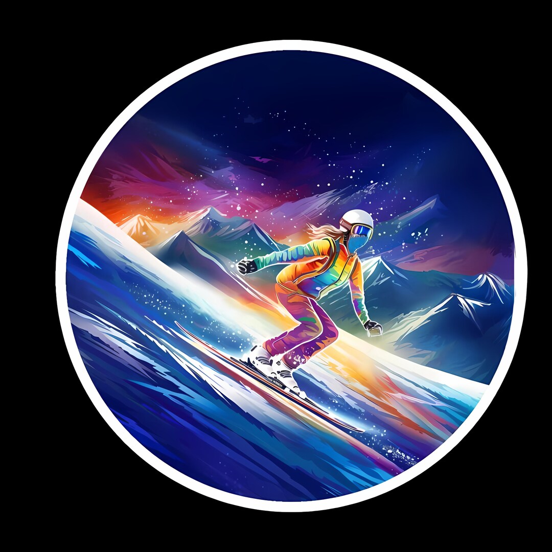 Waterproof Vinyl Sticker Female Skier Skiing Under Rainbow Sky ...